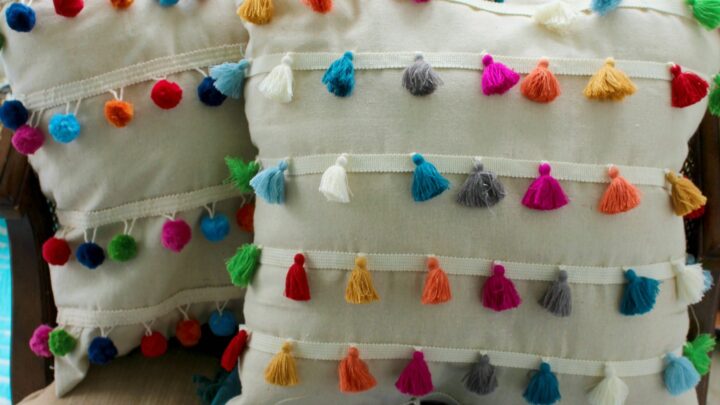Make a fun DIY tassel or pom pom trim pillow (no-sew)