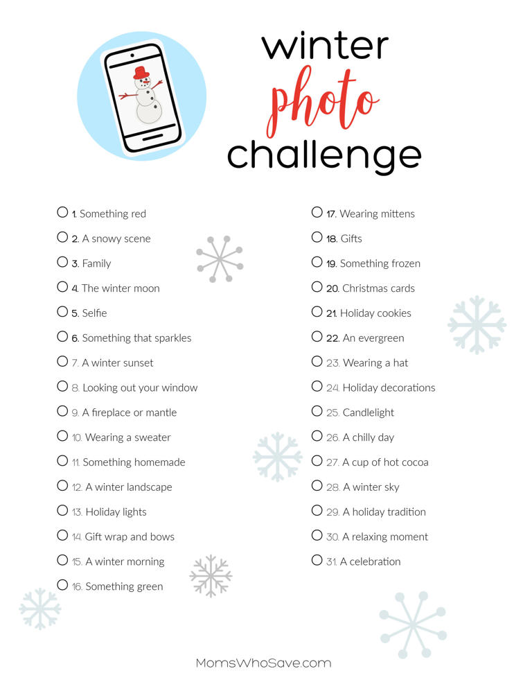 Winter Photo Challenge: 31 Fun Photo Ideas (Free Printable)