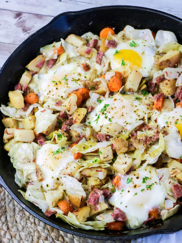 Corned Beef Hash and Eggs with Cabbage