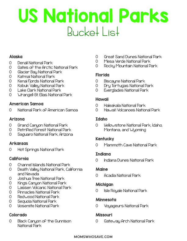 US National Parks Checklist, Map, & Free Printable Bucket List