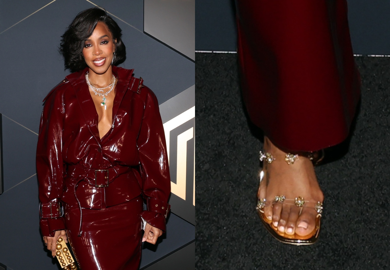Kelly Rowland Wore Floral Applique Gold Sandals by Flor de Maria at the ...