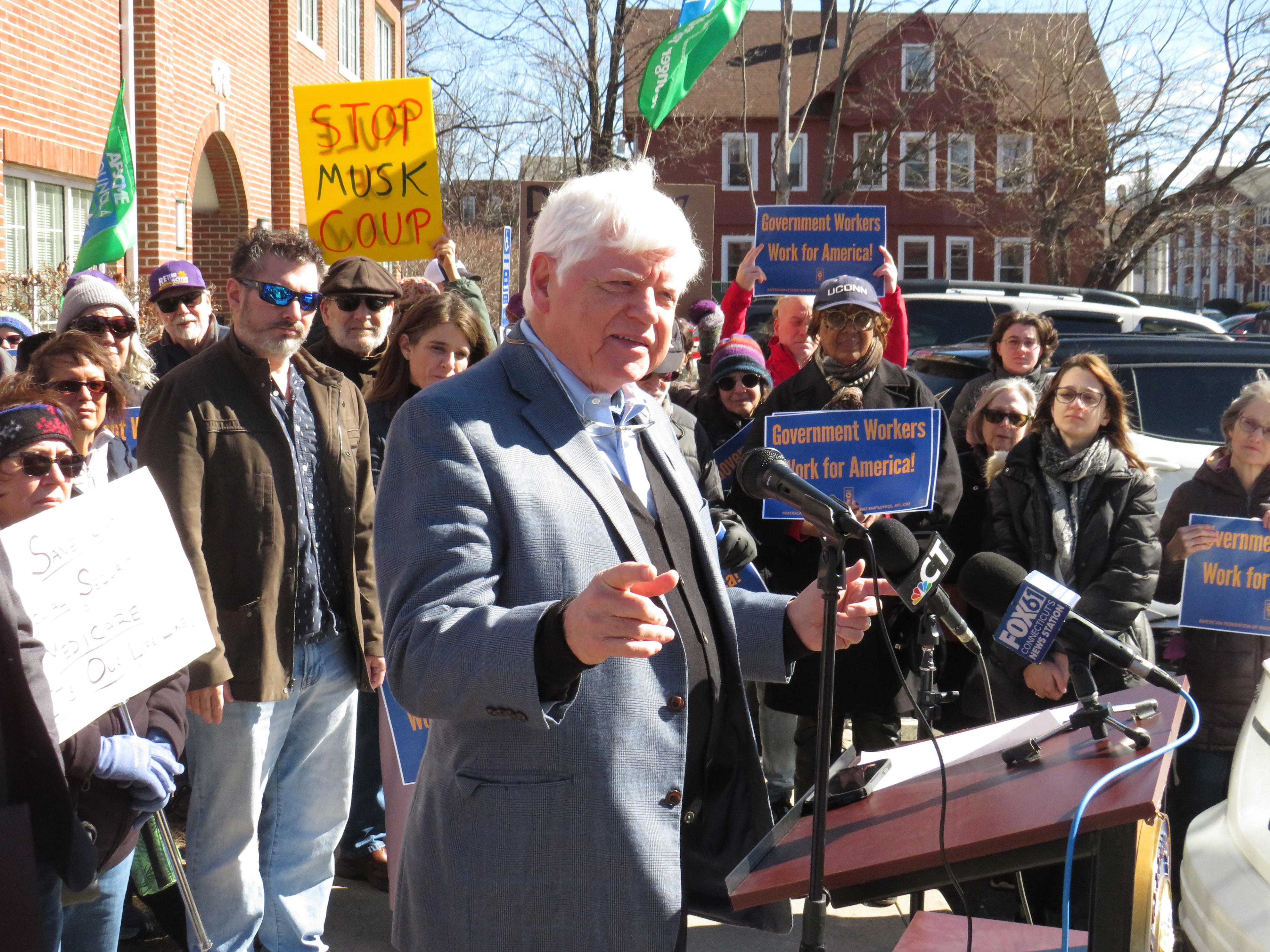 At rally, Larson pans Trump-Musk cuts at Social Security