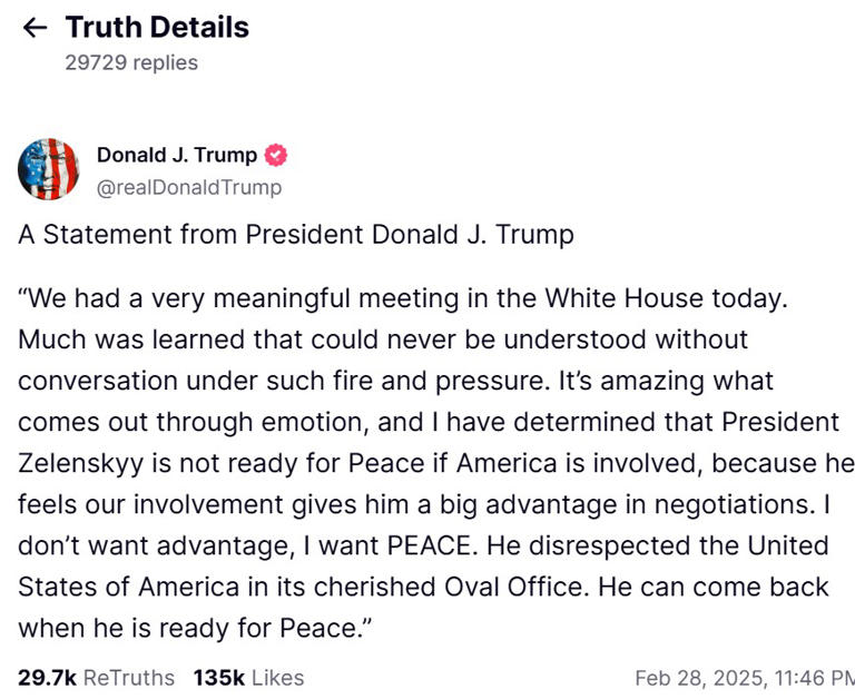 Trump Says Ukraine's Zelensky Is 'Not Ready For Peace' After Oval ...