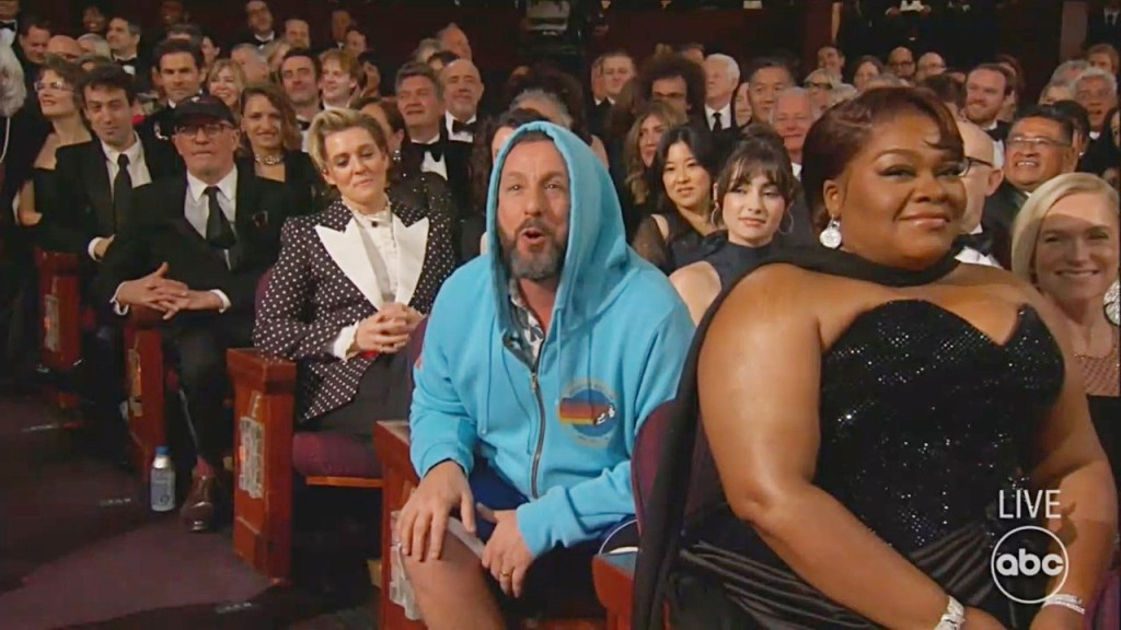 Adam Sandler Crashes Oscars Wearing a Sweatshirt, Yells ‘Chalamet!' in ...