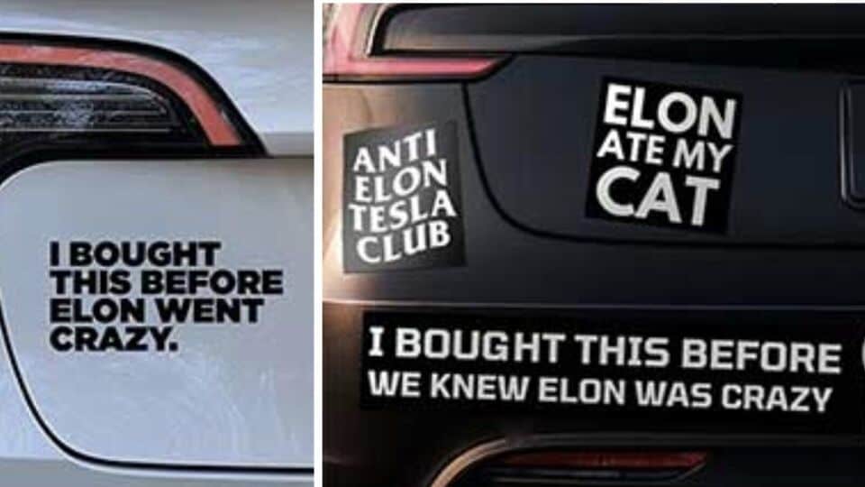 Elon Musk ‘ate my cat’: Tesla owners are using angry stickers on their ...