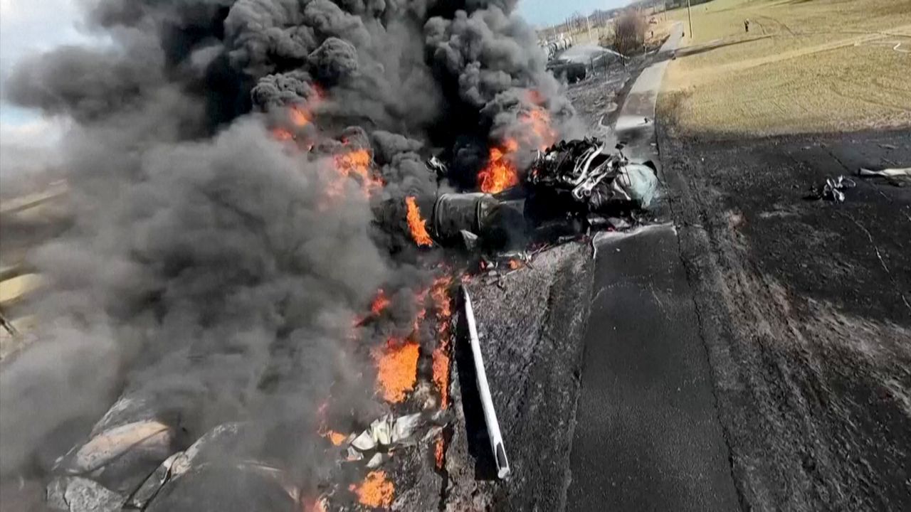 Train derails and catches fire from leak of carcinogenic benzene in ...
