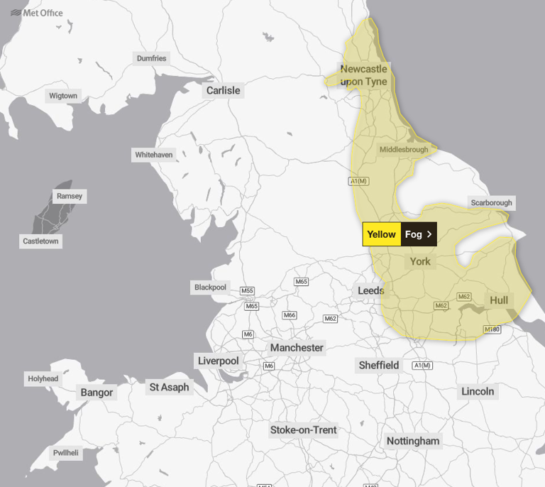 Met Office issues 10-hour fog and travel disruption weather warning