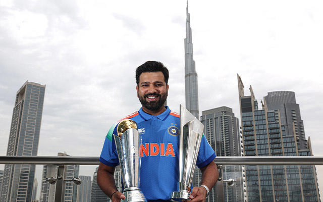 Watch: Rohit Sharma poses alongside T20 World Cup, Champions Trophy ... Watch: Rohit Sharma poses alongside T20 World Cup, Champions Trophy ...