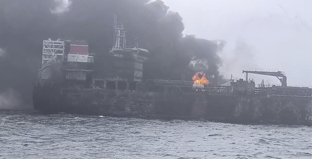 A cargo ship hits a tanker and they catch fire off England, with one ...