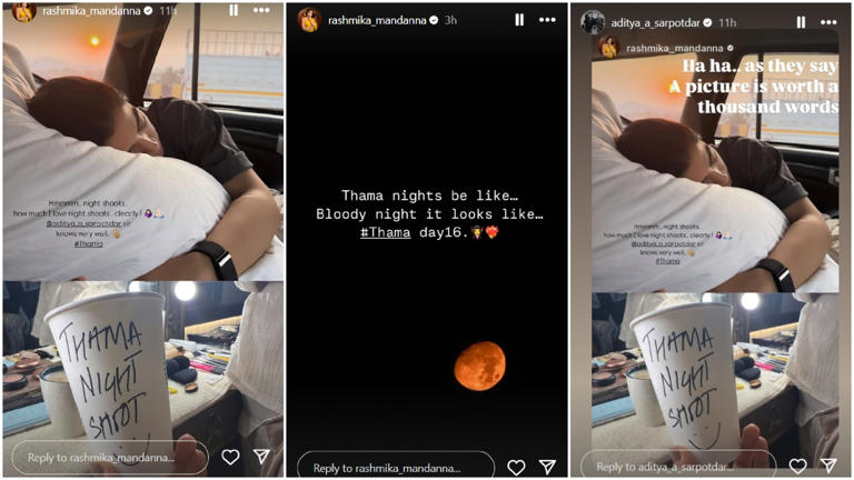 Rashmika Mandanna gives peek into BTS PICS from ‘bloody night’ shoots of Thama co-starring ...