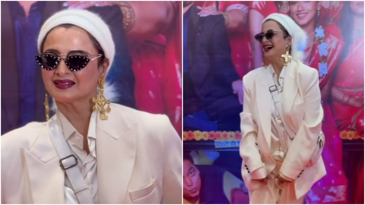 Video: Rekha proves she is the fashion icon in all-white pantsuit, gold ... Video: Rekha proves she is the fashion icon in all-white pantsuit, gold ...