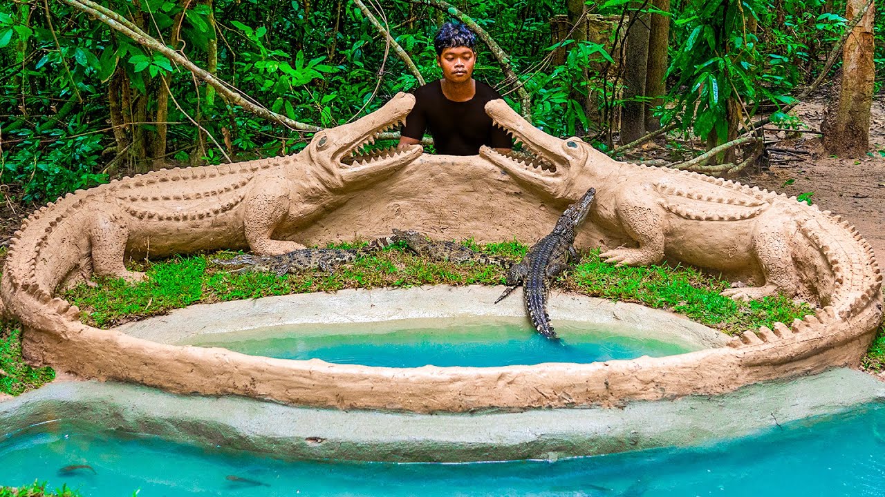 Building a giant crocodile pool and fish pond by hand using only ...