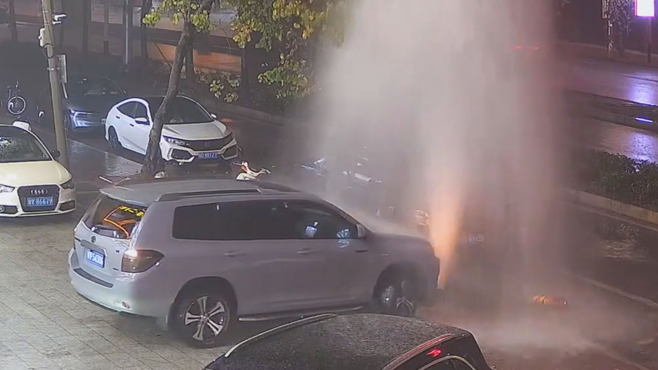 Bungling driver unleashes water geyser in parking lot in China