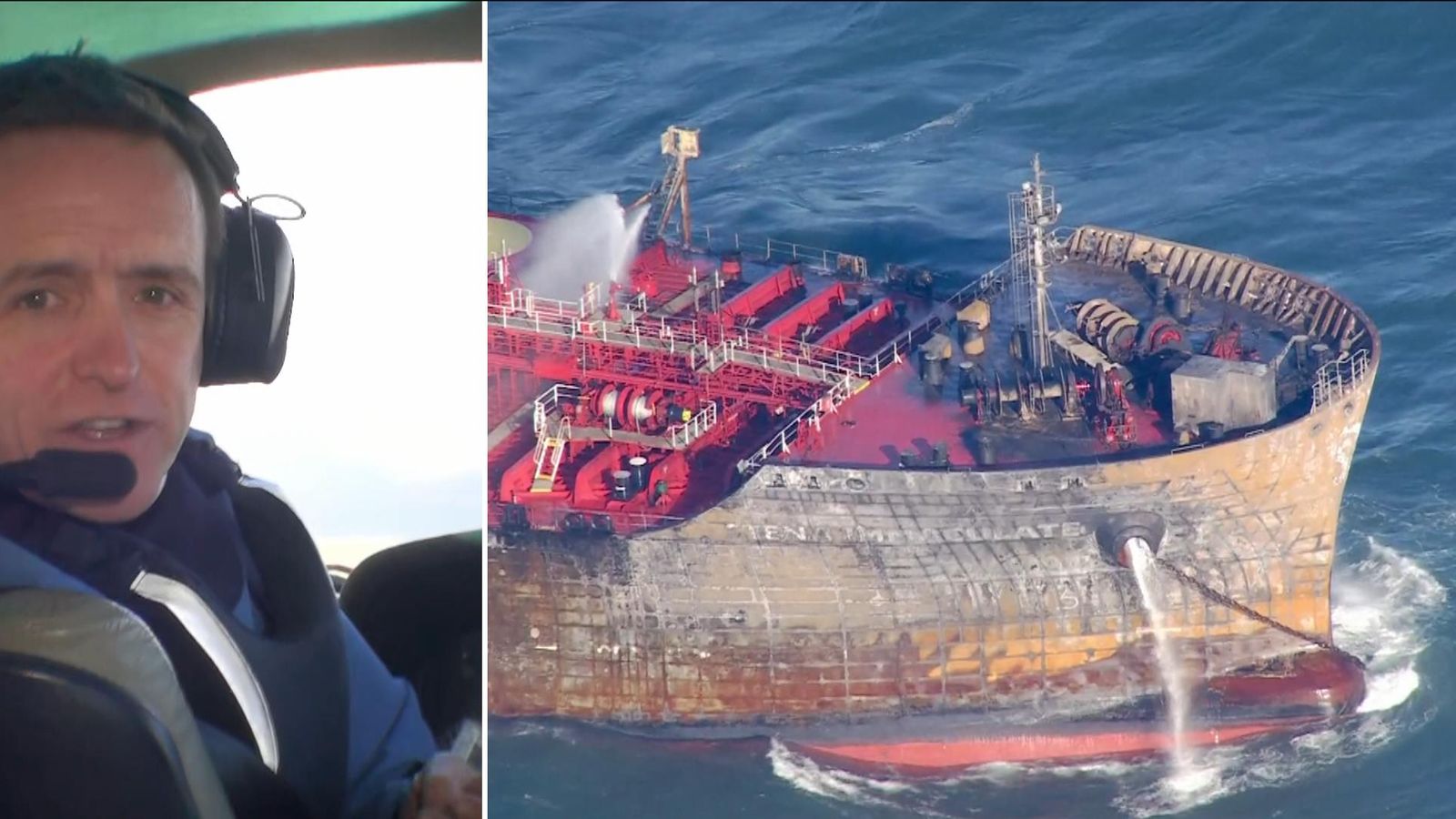 Sky News above North Sea ship collision