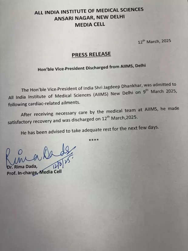 Vice President Jagdeep Dhankhar discharged from AIIMS after three days
