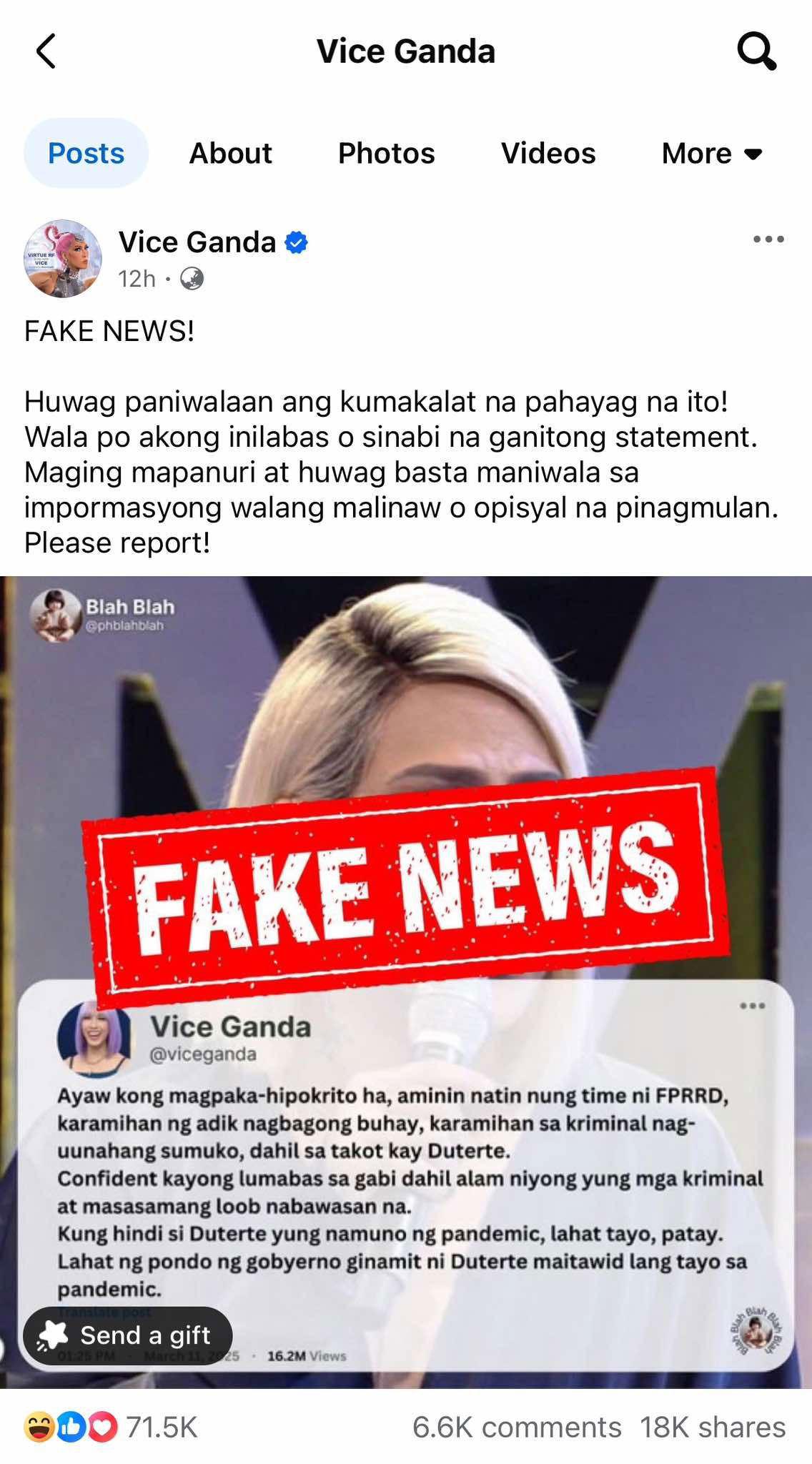 Vice Ganda disowns post backing Duterte Vice Ganda disowns post backing Duterte