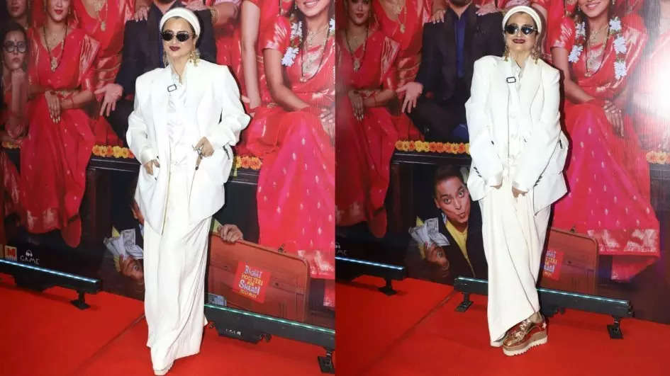 Rekha redefines power dressing in a stunning white pantsuit at trailer ...