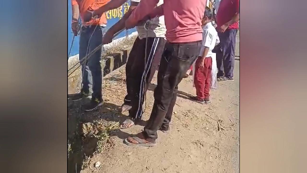 Cow stuck upside down in drain is rescued by locals in India