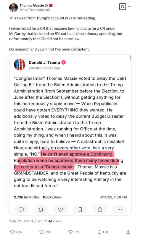 Trump Escalates Feud with Rep. Thomas Massie In Late Night Rant