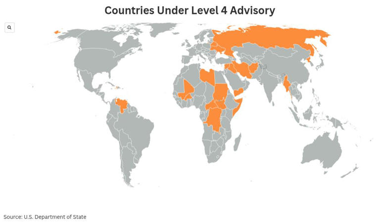 Map Shows Highest Level Warnings Issued to Americans Traveling