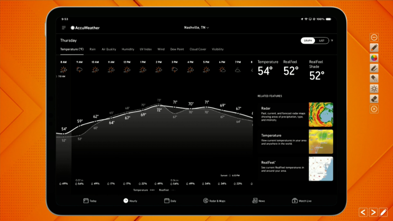 AccuWeather app feature shows hourly forecasts for daily activities