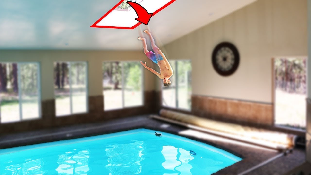 Secret Roof Jump to Indoor Pool!! (DANGER ALERT)