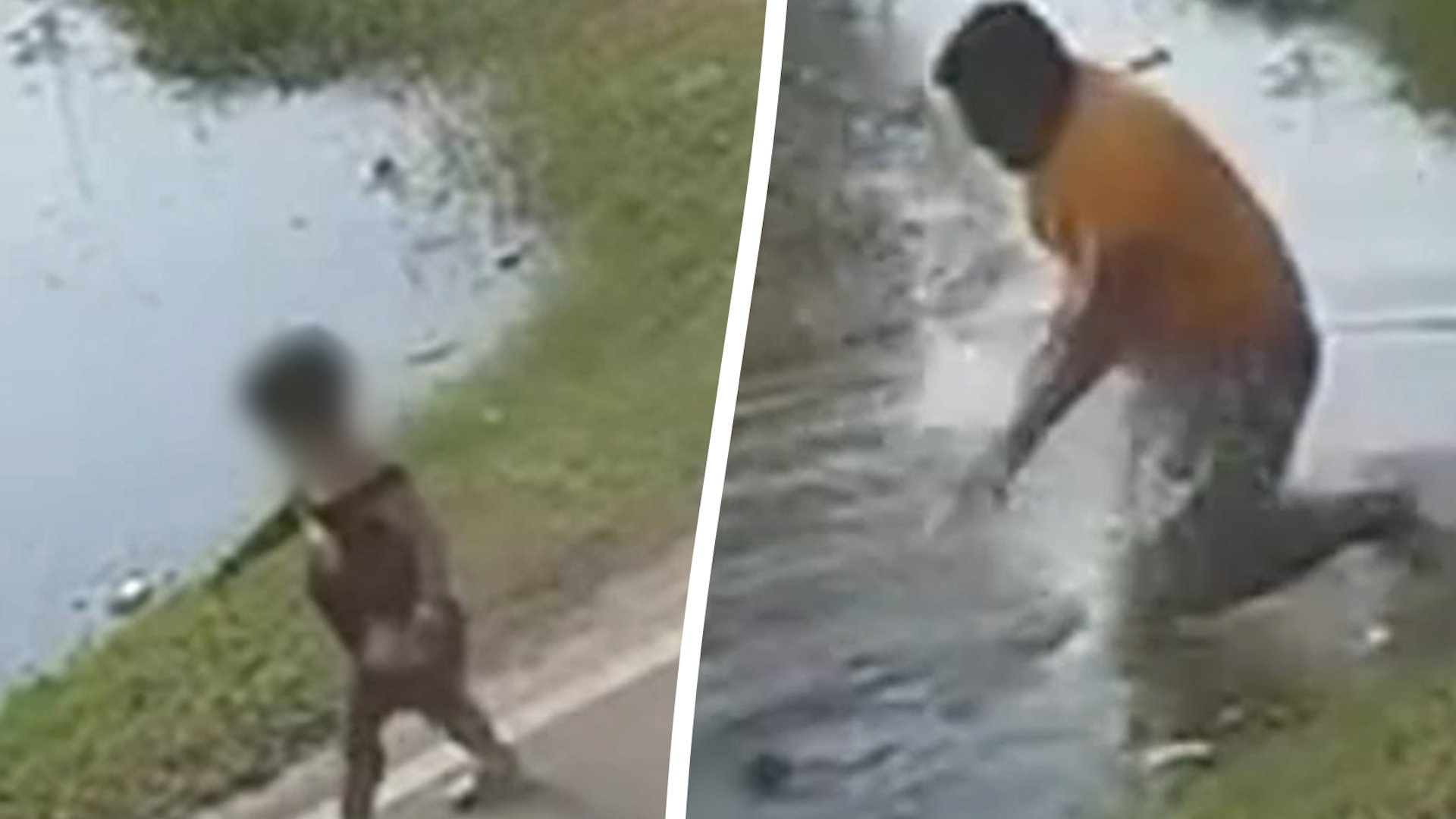 Moment man saves toddler who fell in rain-filled roadside pit from drowning
