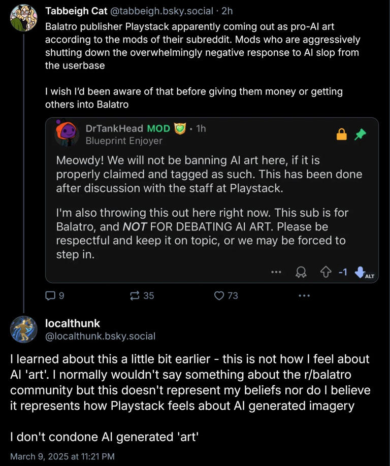 LocalThunk forbids AI-generated art on the Balatro subreddit: 'I think ...