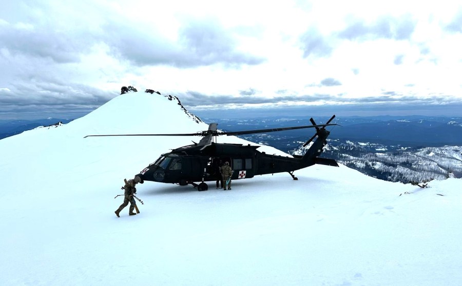 Black Hawk helicopter rescues stranded skiers on South Sister volcano