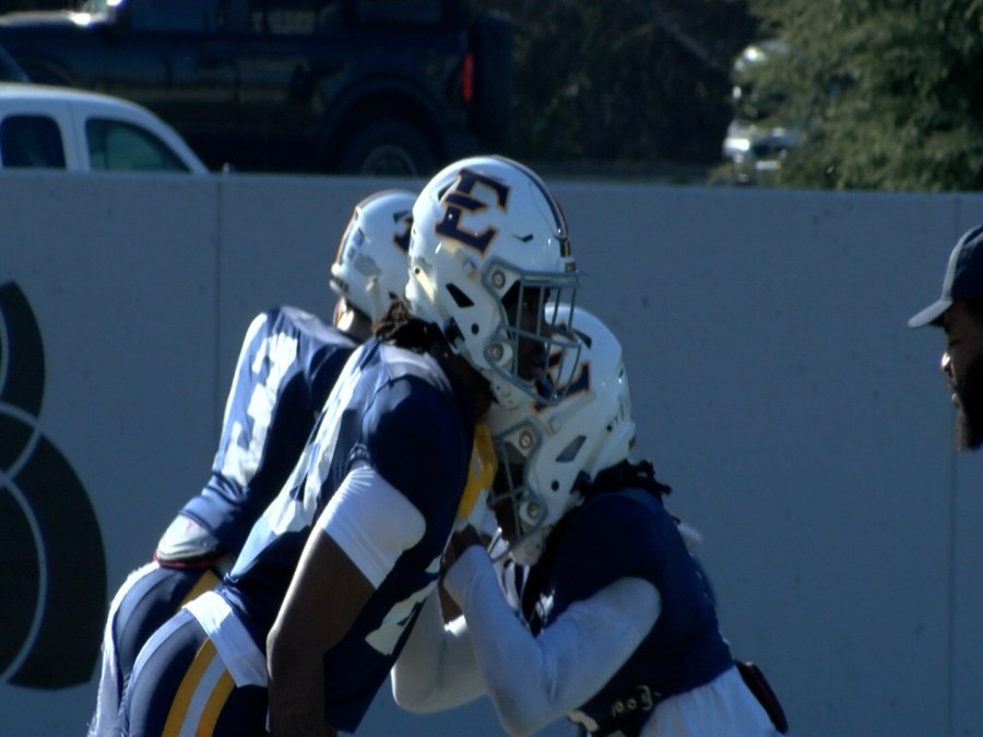 ETSU football players put on the pads during spring drills