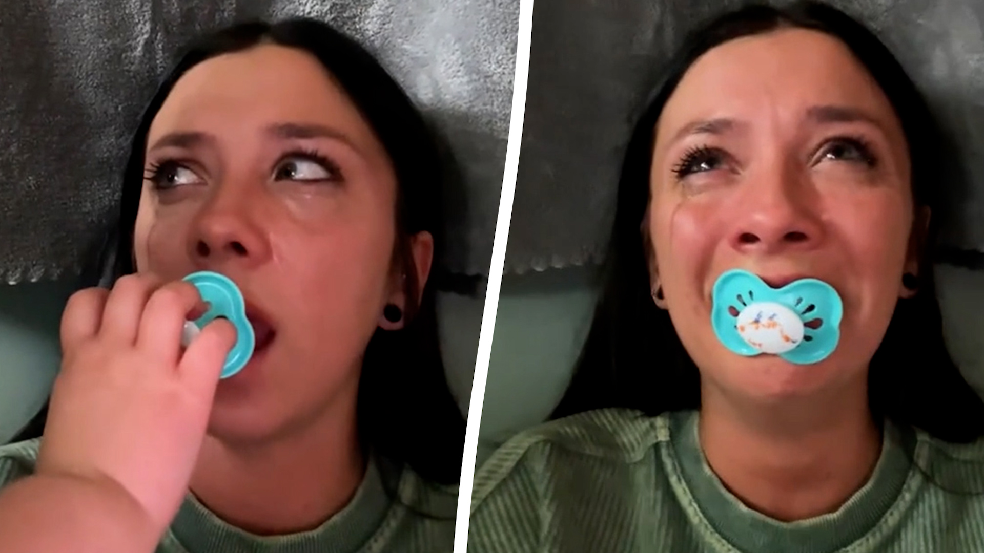 Toddler tries to stop mum from crying by sticking a pacifier in her mouth