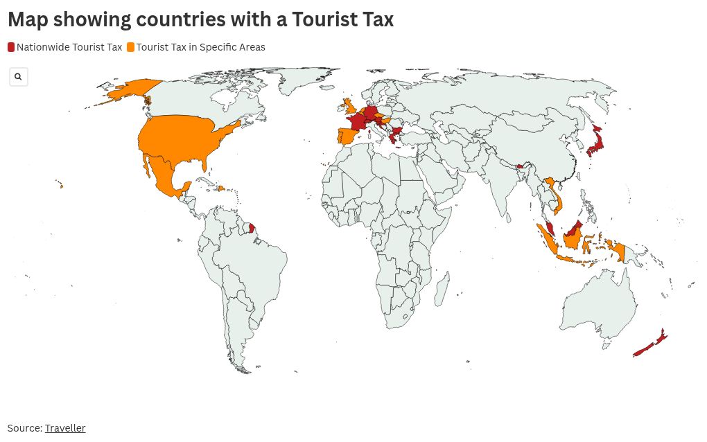 Map Shows Countries Where Americans Face Tourist Tax