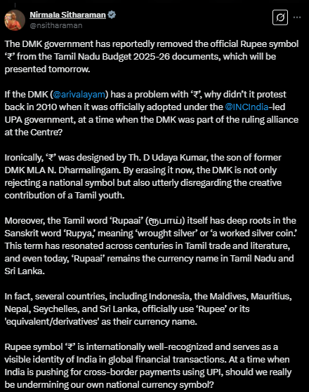 Nirmala Sitharaman's 'secessionist sentiment' dig at DMK over rupee symbol move