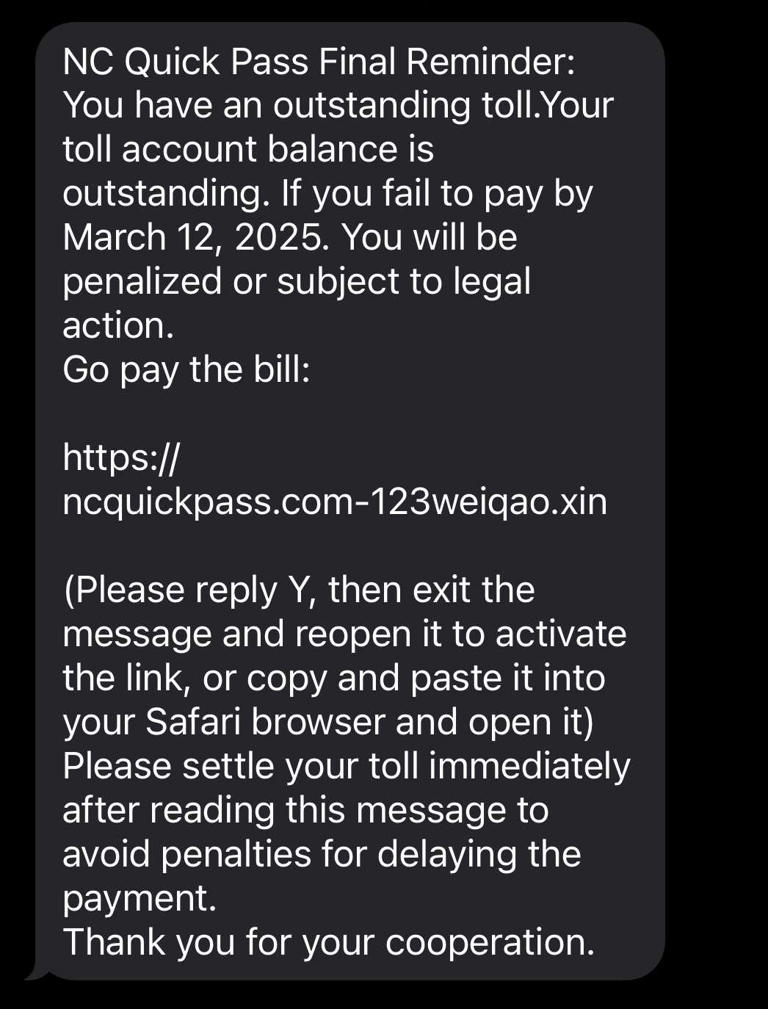 Watch out for unpaid toll text scam, NC officials warn