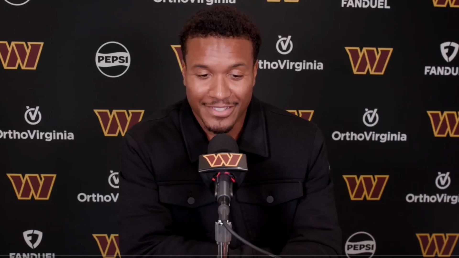 New Commanders safety Will Harris speaks to the media