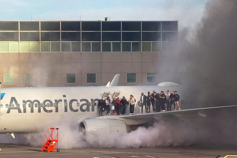 Passengers evacuate onto wing as American Airlines plane catches fire