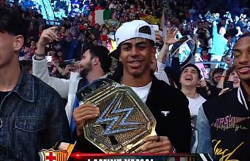 Lamine Yamal appears on WWE SmackDown in Barcelona as he meets chief Triple H and other ...