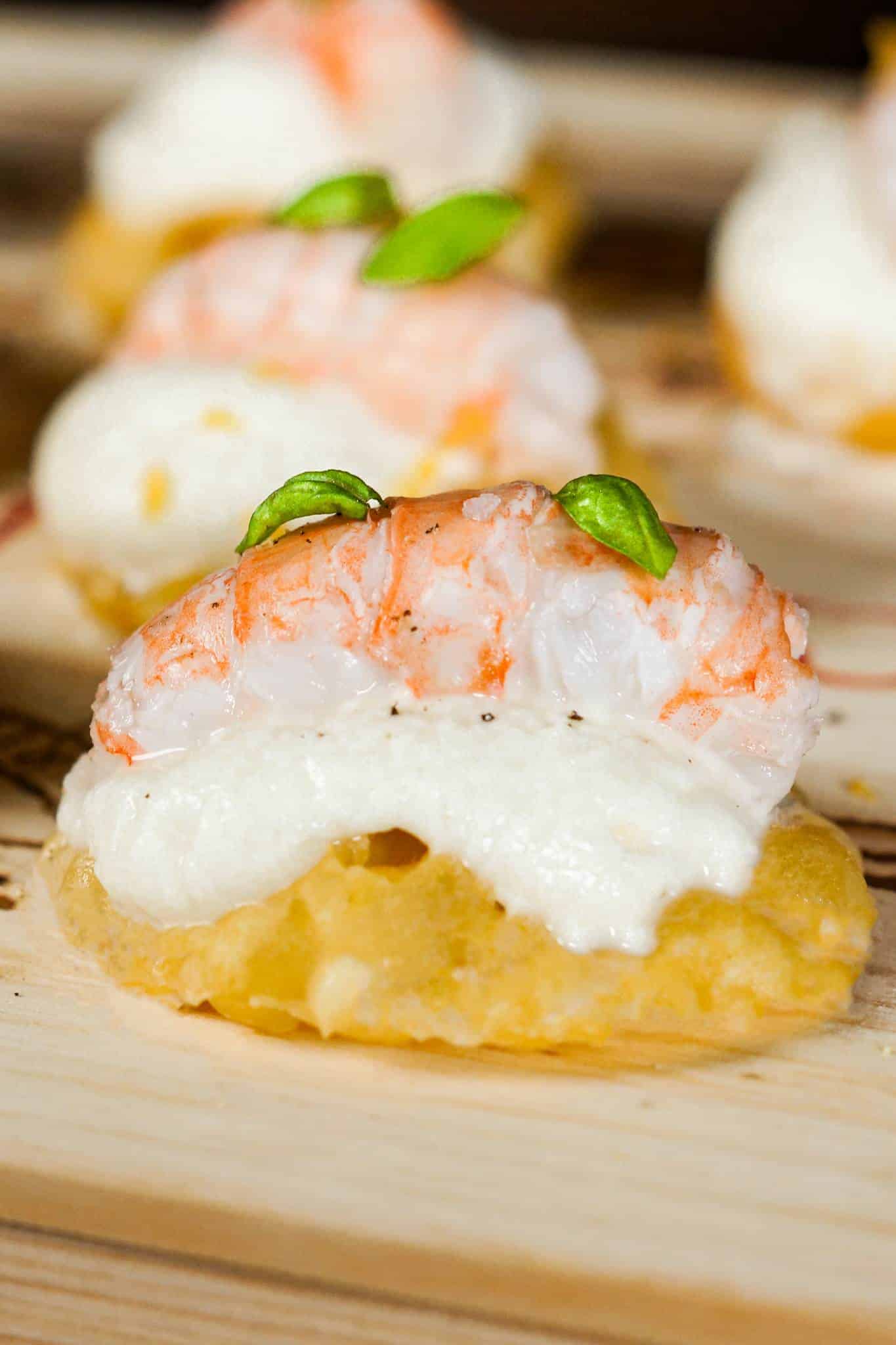 A Gourmet Snack: Langoustine Tails with Parmesan Foam on Crispy Pasta Chips