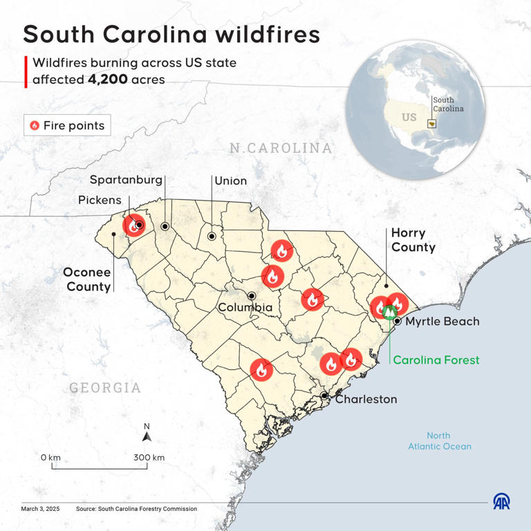 Map shows over 170 fires burning across the Carolinas