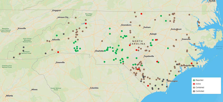 Map shows over 170 fires burning across the Carolinas