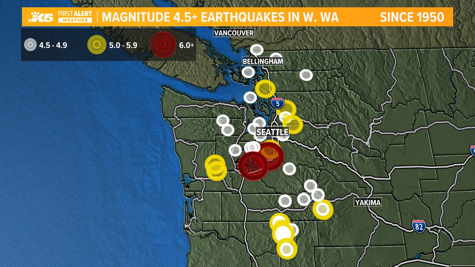 Biggest earthquakes to strike western Washington since 1950