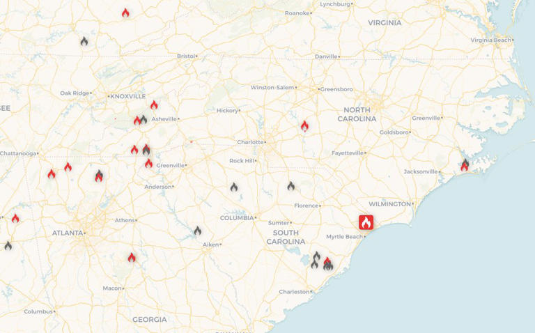 Map shows over 170 fires burning across the Carolinas