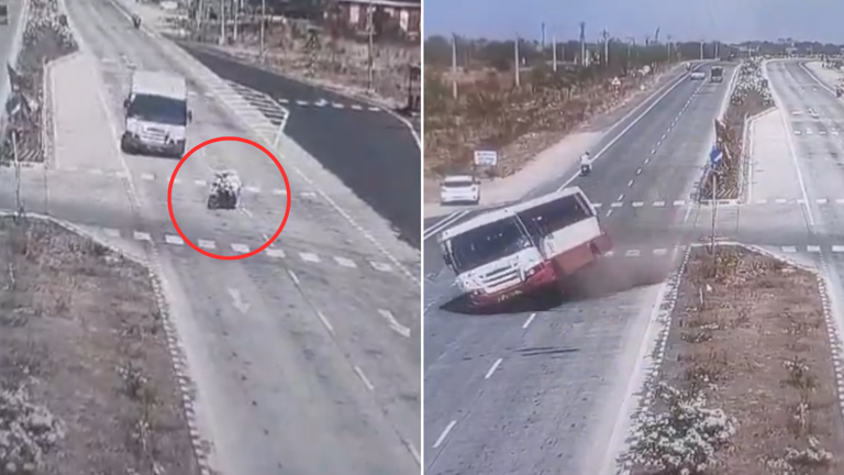 Bus Overturned On Road Viral Video: बाइक वाले की एक गलती से पलट गई बस ...