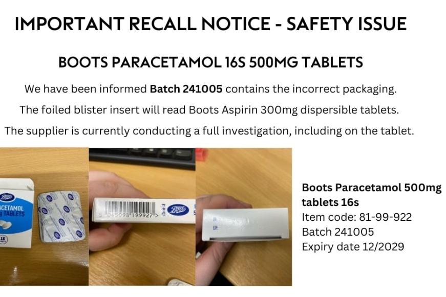 Boots issue recall for paracetemol 500mg tablets 16s as labelled ...