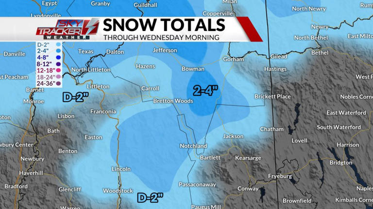 Northern Vermont: Snow totals through early Wednesday