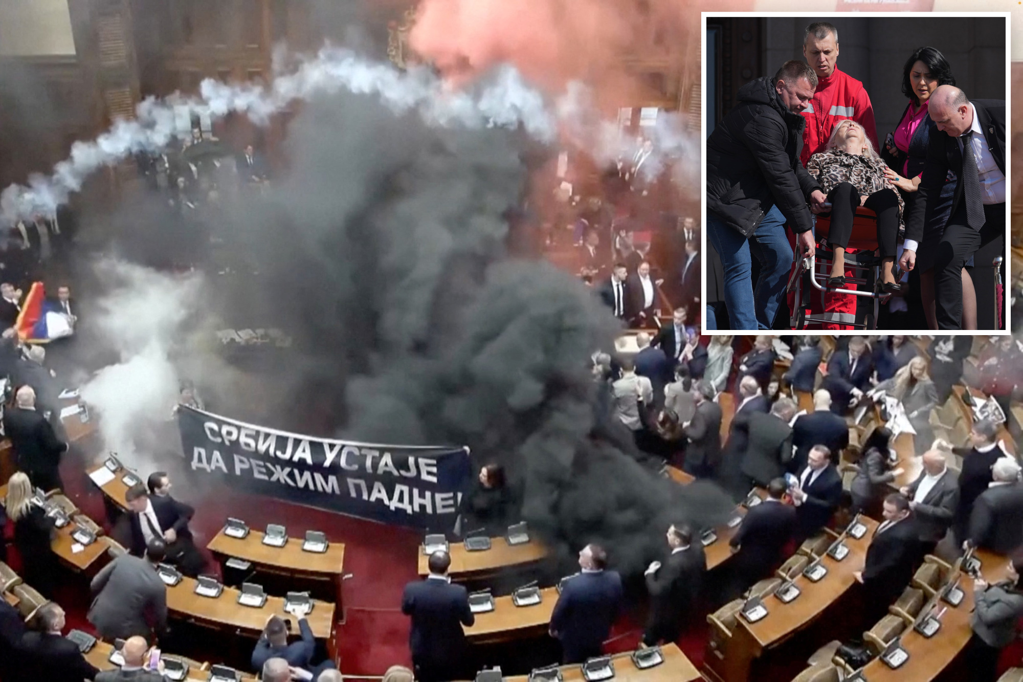 Chaos in Serbian parliament as smoke bombs and flares explode, leaving ...