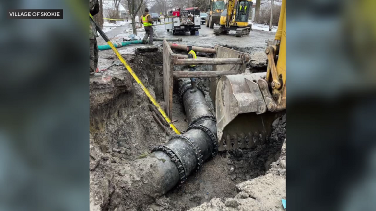 Photo shows pipe that broke and caused massive flood in Skokie, Illinois