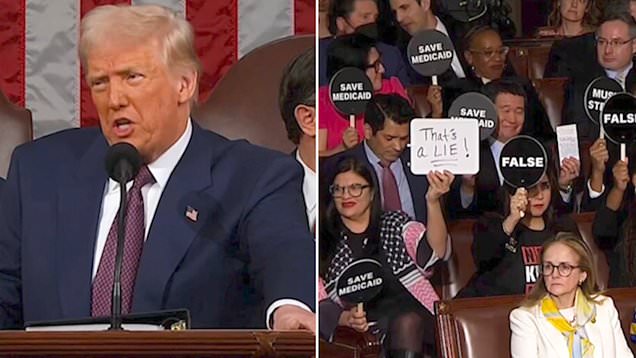 Democrats slam Trump with signs during Congress address at Capitol