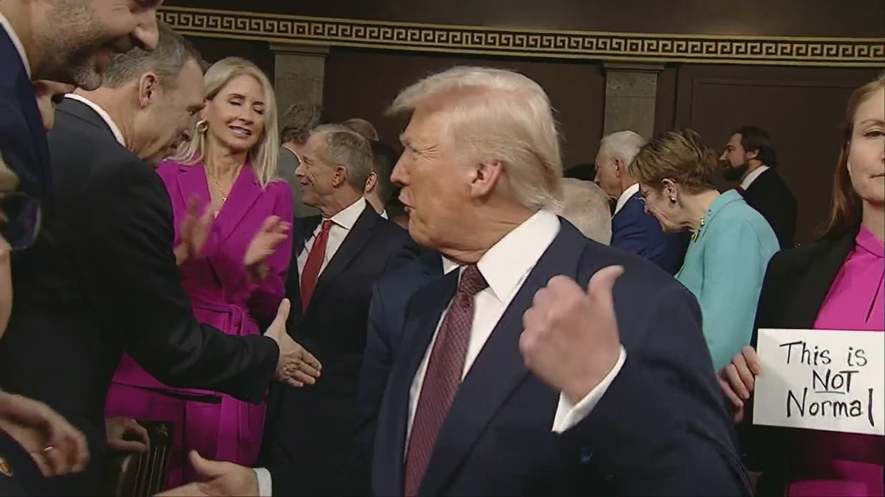 Democrat signs during Trump speech: 'Musk Steals,' 'Save Medicaid'