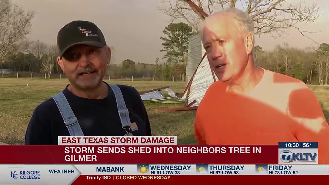Gilmer man wakes up to his neighbor’s shed in his pecan tree after storms